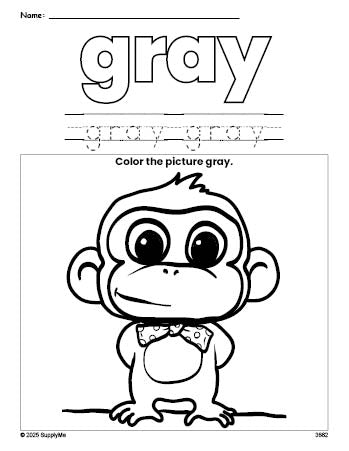 FREE Monkey Color Gray Coloring Page and Color Worksheet, Gray ...