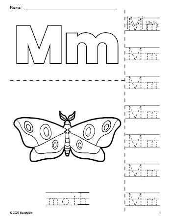 FREE Printable Moth Coloring Page and Letter Tracing Worksheet, Letter ...