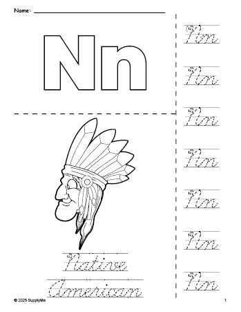 FREE Printable Native American Thanksgiving Coloring Page and Cursive ...