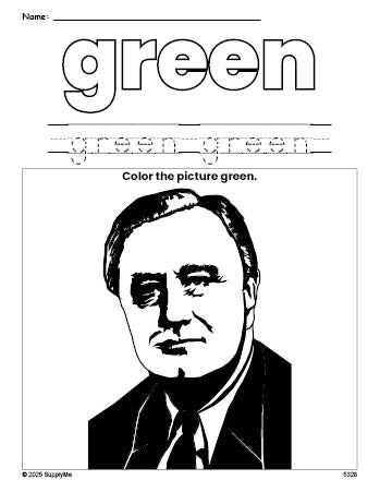 FREE Presidents' Day Franklin D Roosevelt Color Green Coloring Page and ...