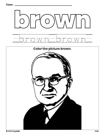 FREE Presidents' Day Harry S Truman Color Brown Coloring Page and Color ...