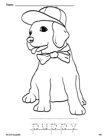 FREE Printable Puppy Coloring Page and Word Tracing Worksheet, Perfect ...
