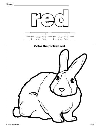 FREE Rabbit Color Red Coloring Page and Color Worksheet, Red Worksheet ...