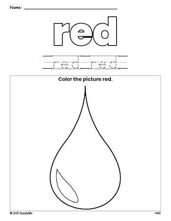 FREE Raindrop Color Red Coloring Page and Color Worksheet, Red ...