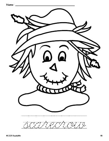 FREE Printable Scarecrow Fall Coloring Page and Cursive Word Tracing ...