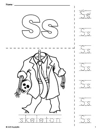FREE Printable Skeleton Halloween Coloring Page and Letter Tracing ...
