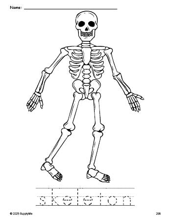FREE Printable Skeleton Halloween Coloring Page and Word Tracing ...