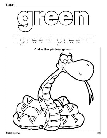 FREE Snake Color Green Coloring Page and Color Worksheet, Green ...