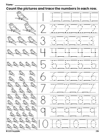 FREE Printable Sparrow Counting Worksheet for Preschool and Pre-K with ...
