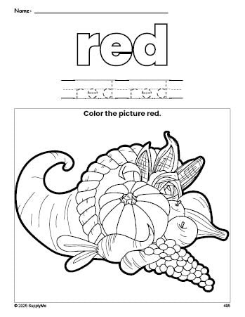 FREE Thanksgiving Cornucopia Color Red Coloring Page and Color ...