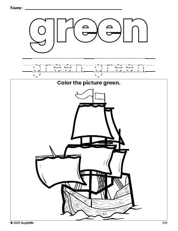FREE Thanksgiving Mayflower Color Green Coloring Page and Color ...