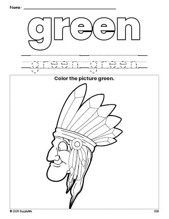 FREE Thanksgiving Native American Color Green Coloring Page and Color ...
