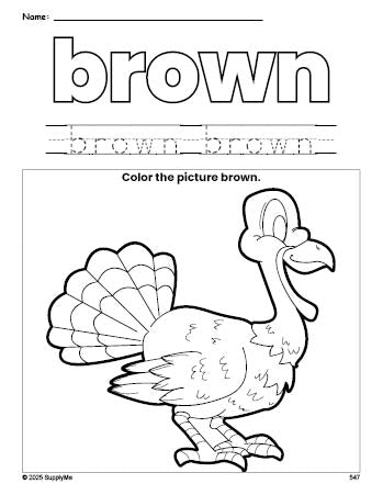 FREE Thanksgiving Turkey Color Brown Coloring Page and Color Worksheet ...