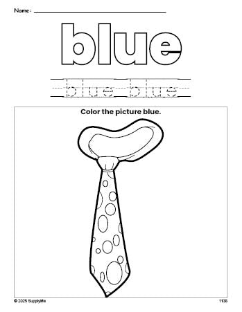 FREE Tie Color Blue Coloring Page and Color Worksheet, Blue Worksheet ...