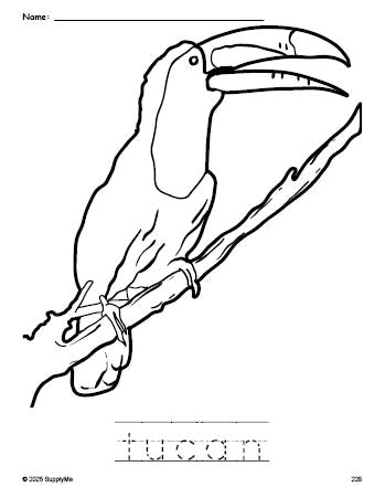 FREE Printable Tucan Coloring Page and Word Tracing Worksheet, Perfect ...
