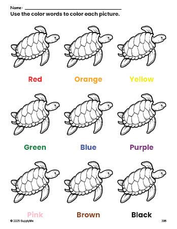FREE Turtle Coloring Page and Color Worksheet for Preschoolers to Learn ...