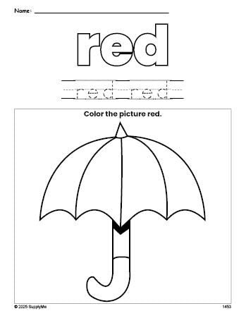 FREE Umbrella Color Red Coloring Page and Color Worksheet, Red ...