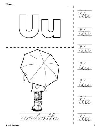 U For Umbrella Coloring Page With Handwriting Practice Trace And Color