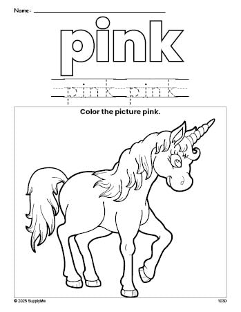 FREE Unicorn Color Pink Coloring Page and Color Worksheet, Pink ...
