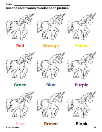 FREE Unicorn Coloring Page and Color Worksheet for Preschoolers to ...