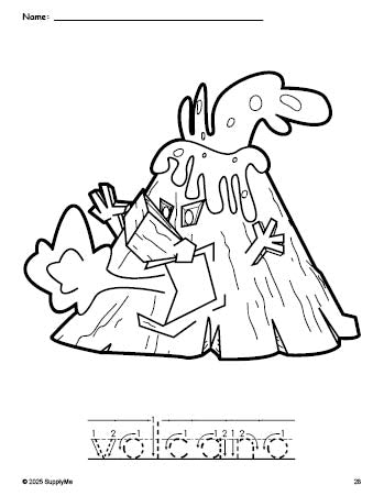 FREE Printable Volcano Coloring Page and Word Tracing Worksheet, Letter ...