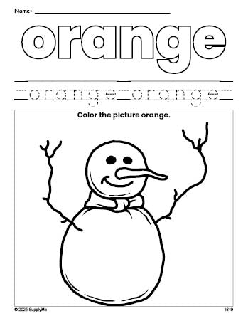 FREE Winter Snowman Color Orange Coloring Page and Color Worksheet ...