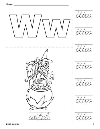 FREE Printable Witch Halloween Coloring Page and Cursive Letter Tracing ...