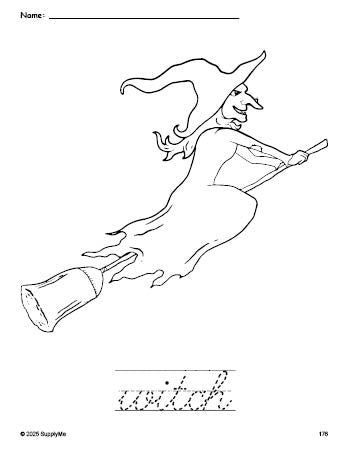 FREE Printable Witch Halloween Coloring Page and Cursive Word Tracing ...